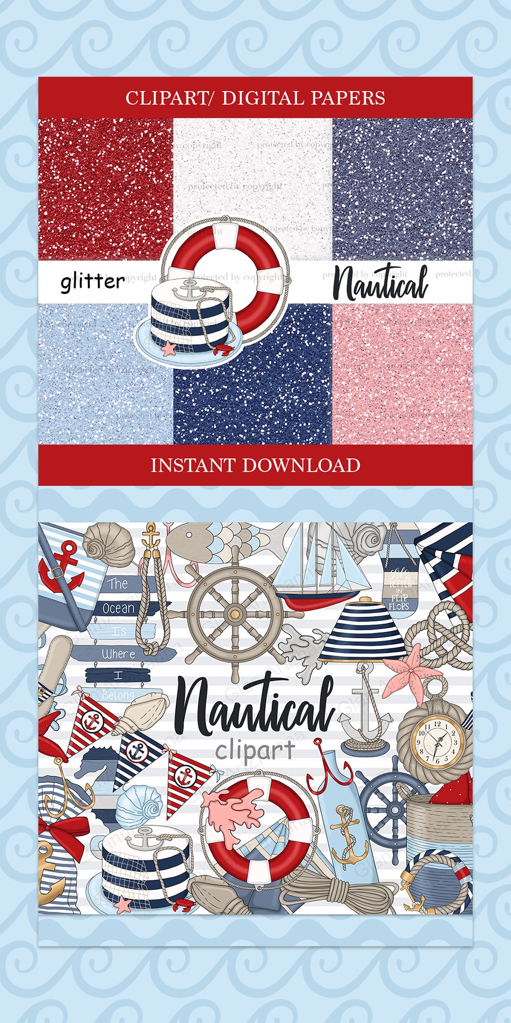 Nautical Glitter Paper | Red And Blue Background