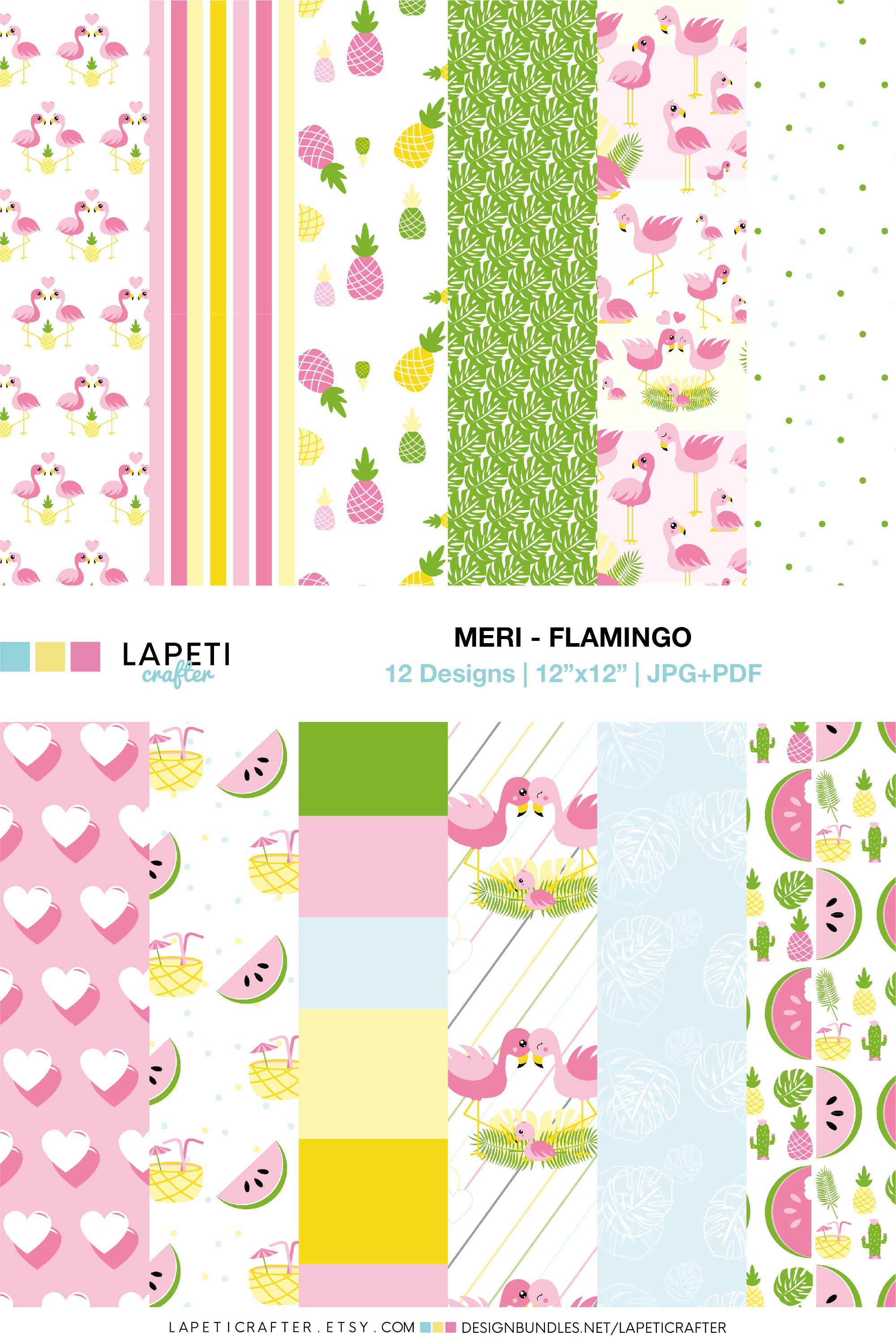 Flamingo & Fruit Digital Paper Pack – Tropical 12x12 Set