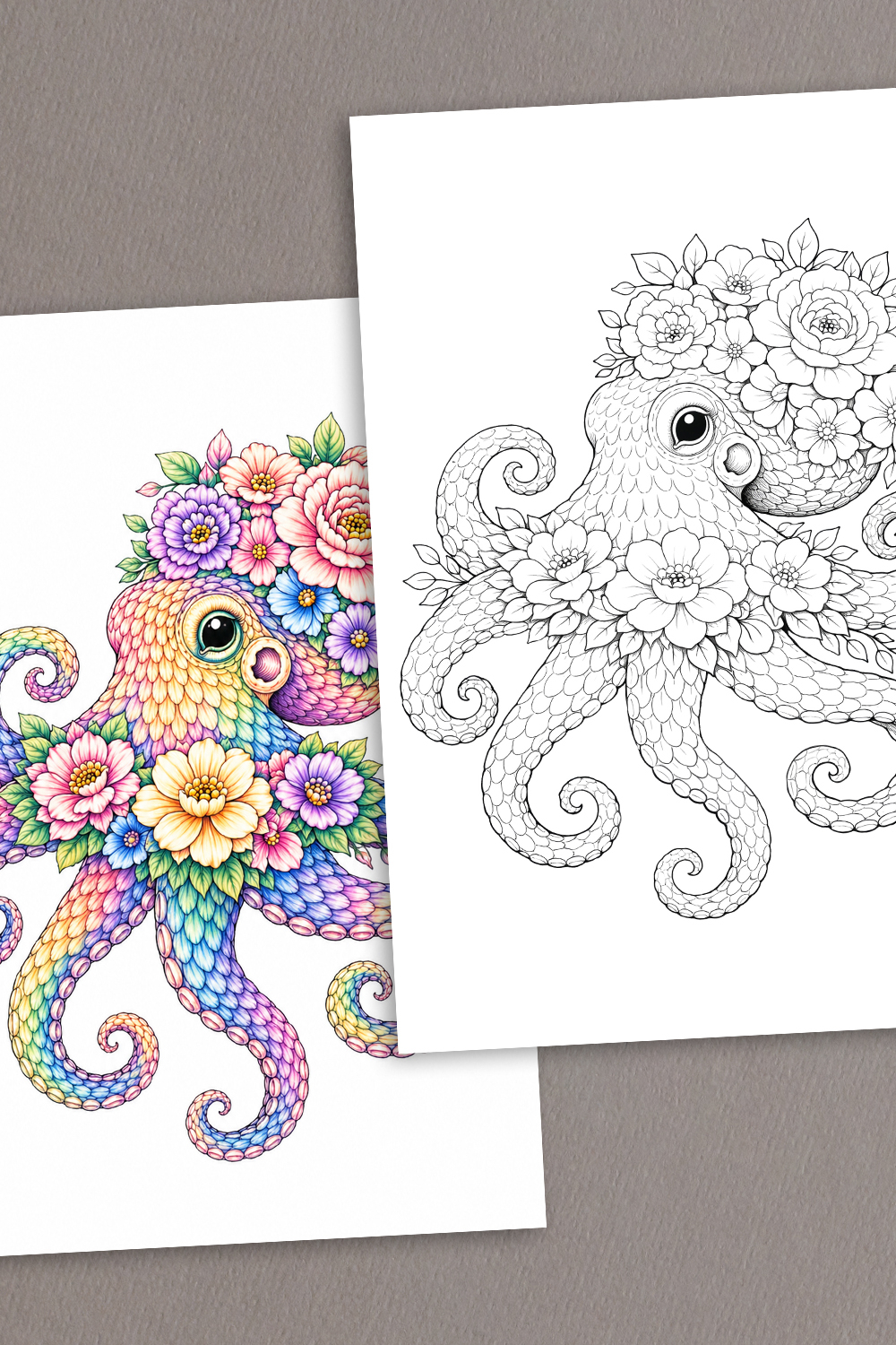 Octopus coloring page for adults. Adult coloring book floral