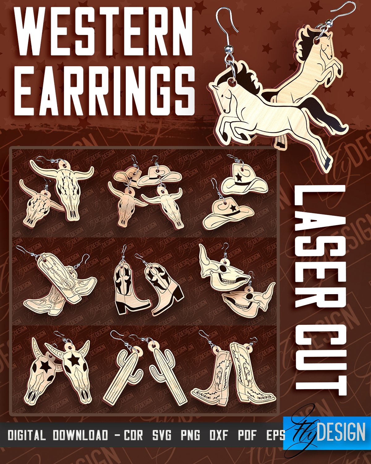 Western Earrings Laser Cut|CowboySVG Design|Cowgirl Earrings