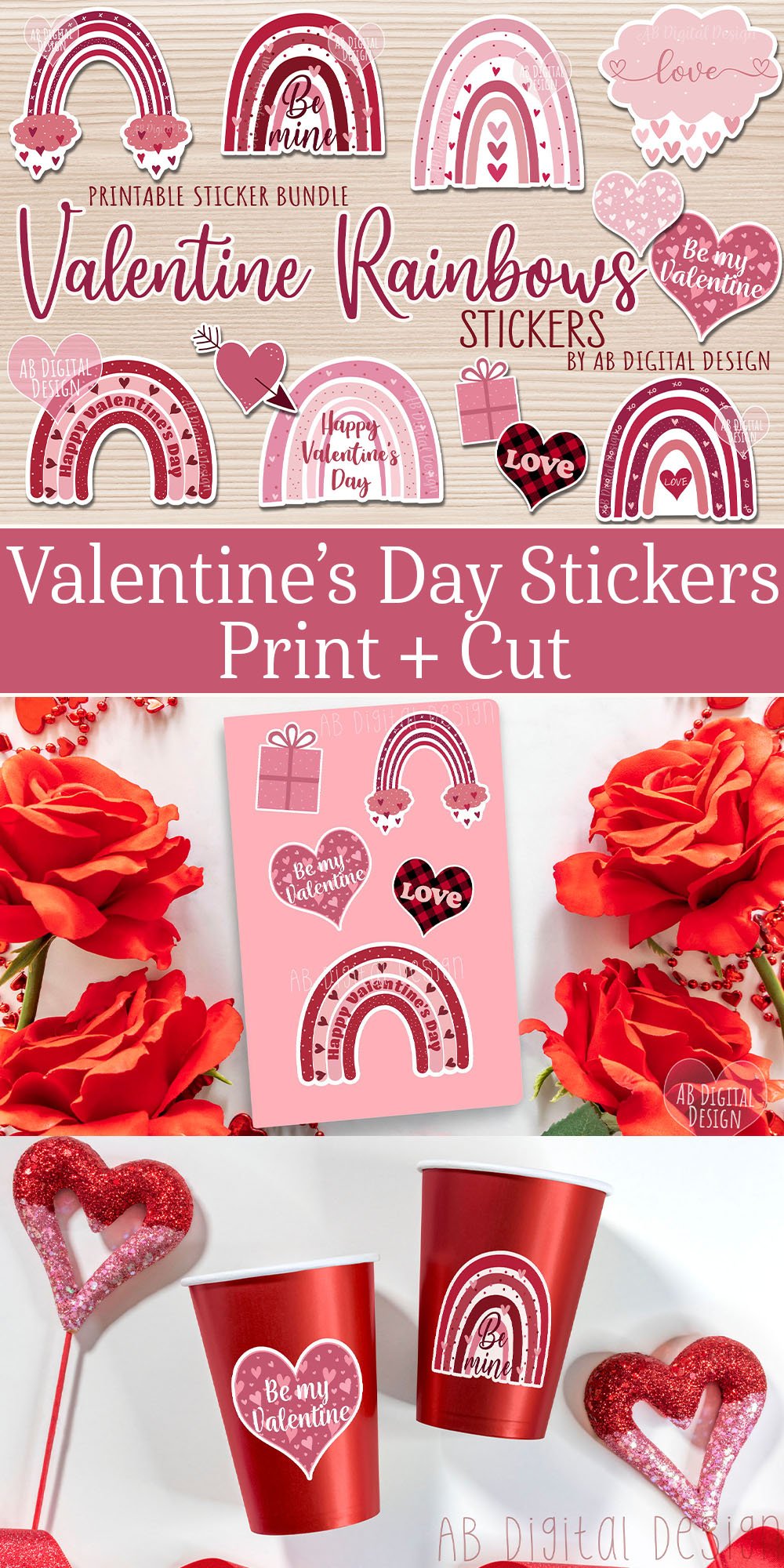 Printable Valentine's Day Rainbows Sticker Bundle