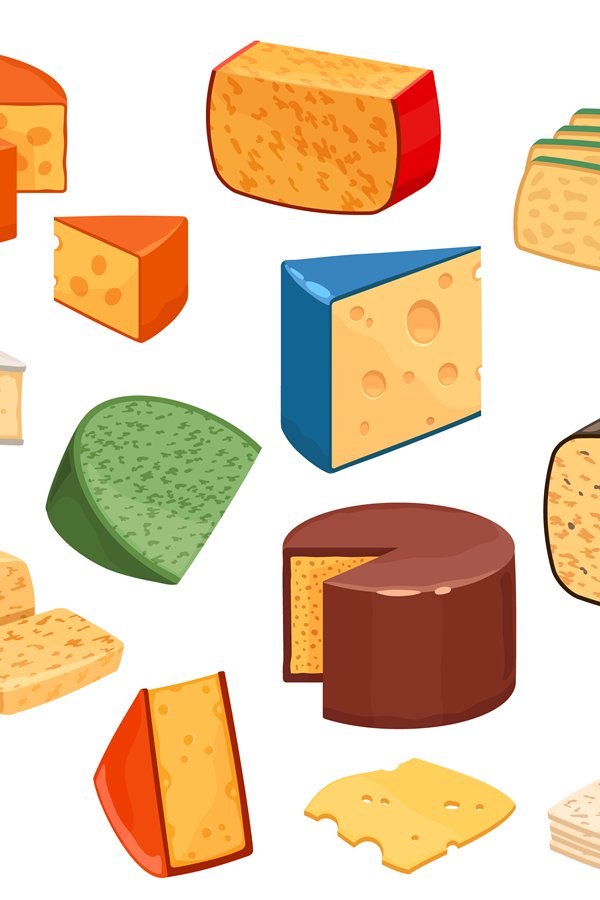 Cheese types. Cartoon cutted parmesan, brie triangle, mozzar