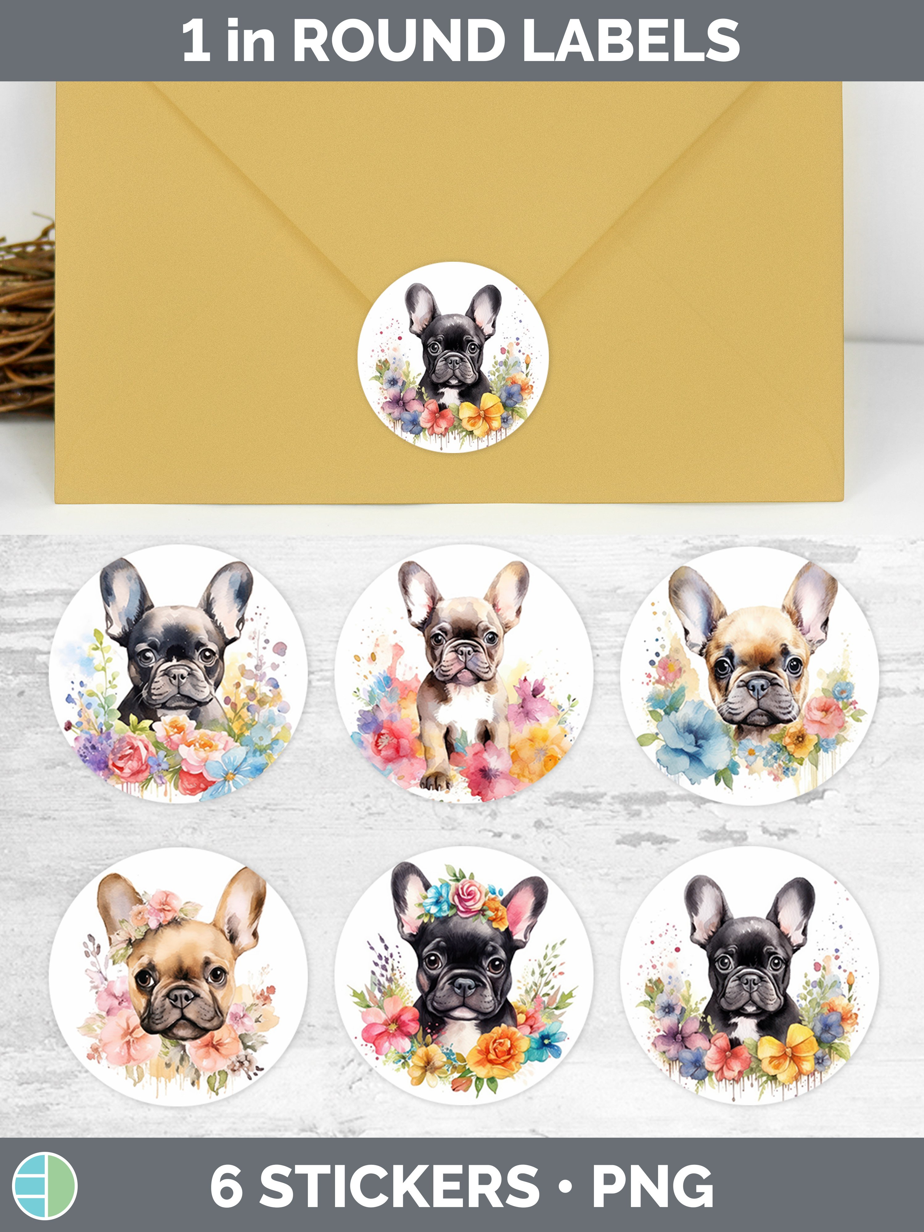 Watercolor French Bulldog Stickers | Round Labels Designs Bu