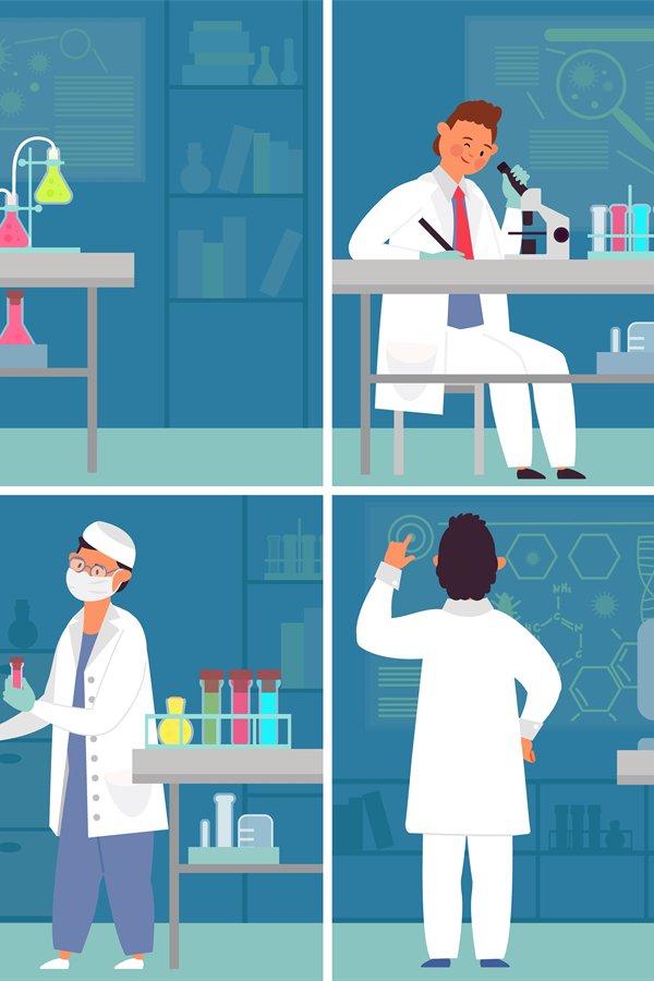Medical laboratory characters. Lab work, medicines research