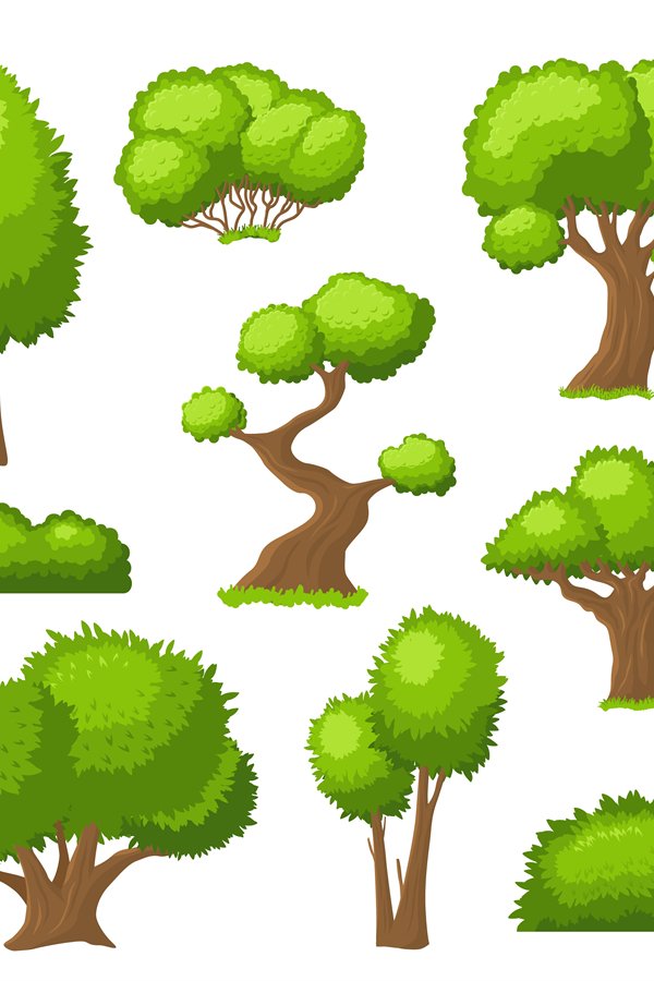 Cartoon tree and bush. Garden bushes, isolated shrubbery wit