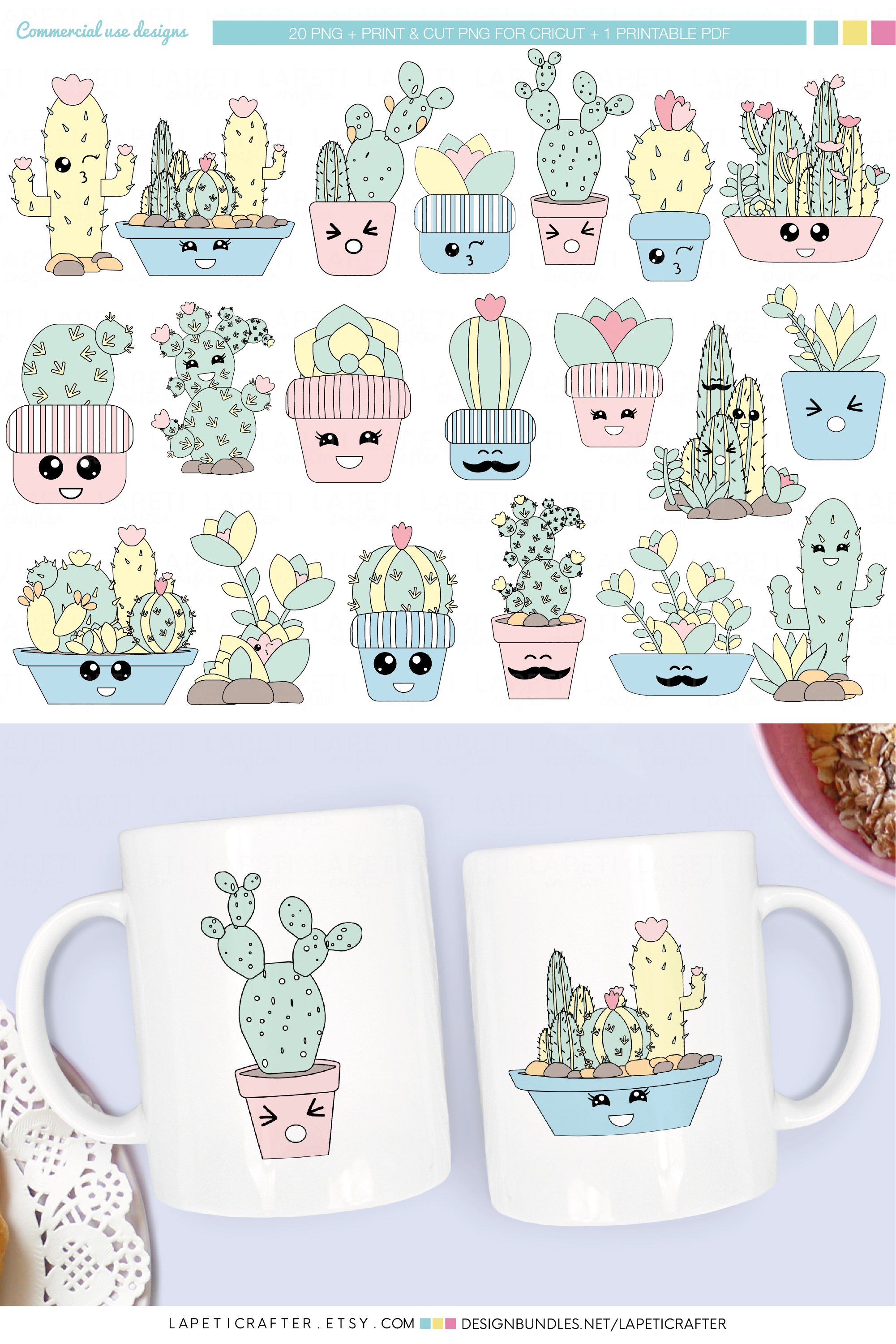 Cute Kawaii Cactus Clipart Bundle: Printable Stickers