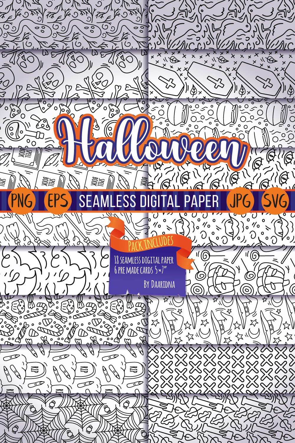 18 Black outline doodle Halloween seamless Digital Paper