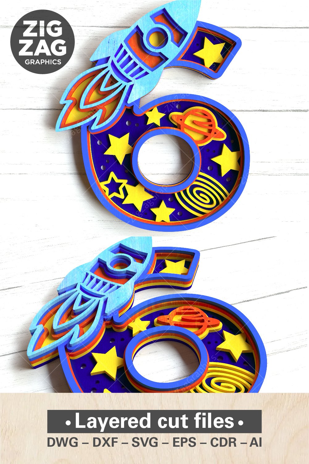 layered kids number 6 with space rocket astronaut and stars