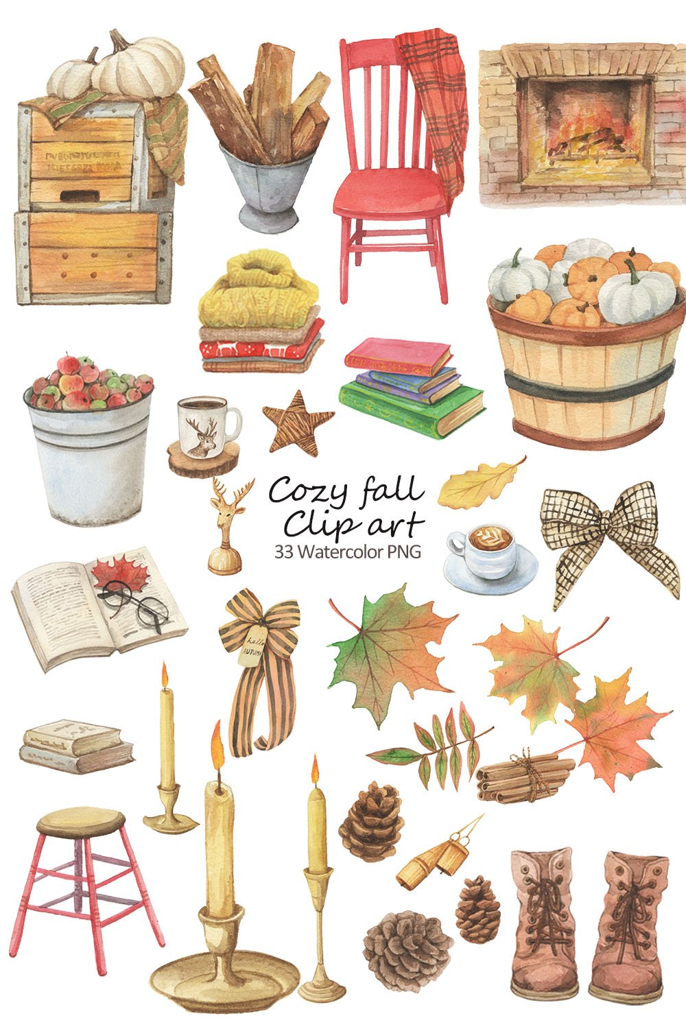 Watercolor Cozy Fall Clipart, Watercolor Autumn Clipart
