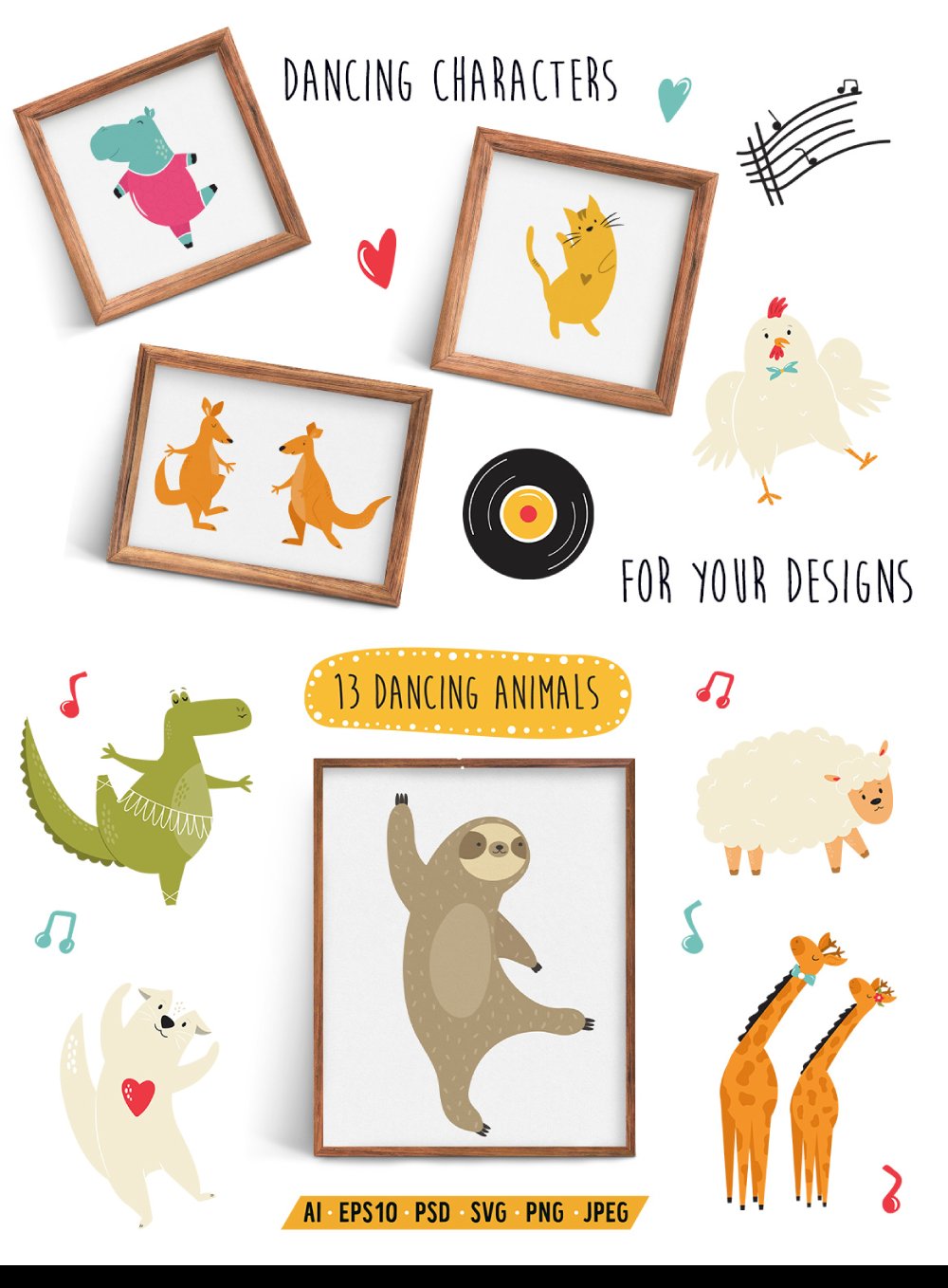 Dancing Animals - Clipart & Seamless Patterns. SVG, PNG, EPS