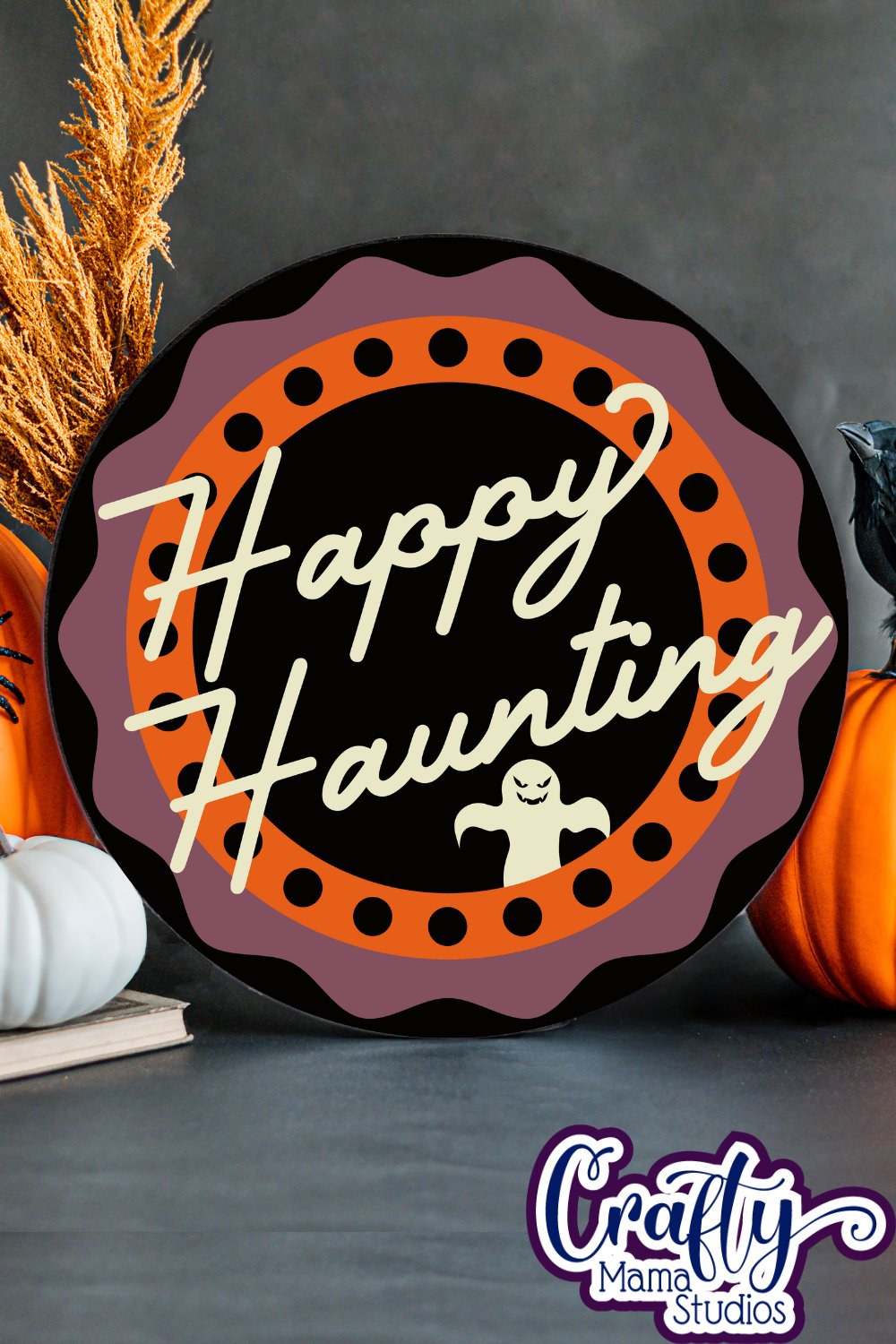 Round Retro Halloween Sign Svg, Happy Haunting Old Style