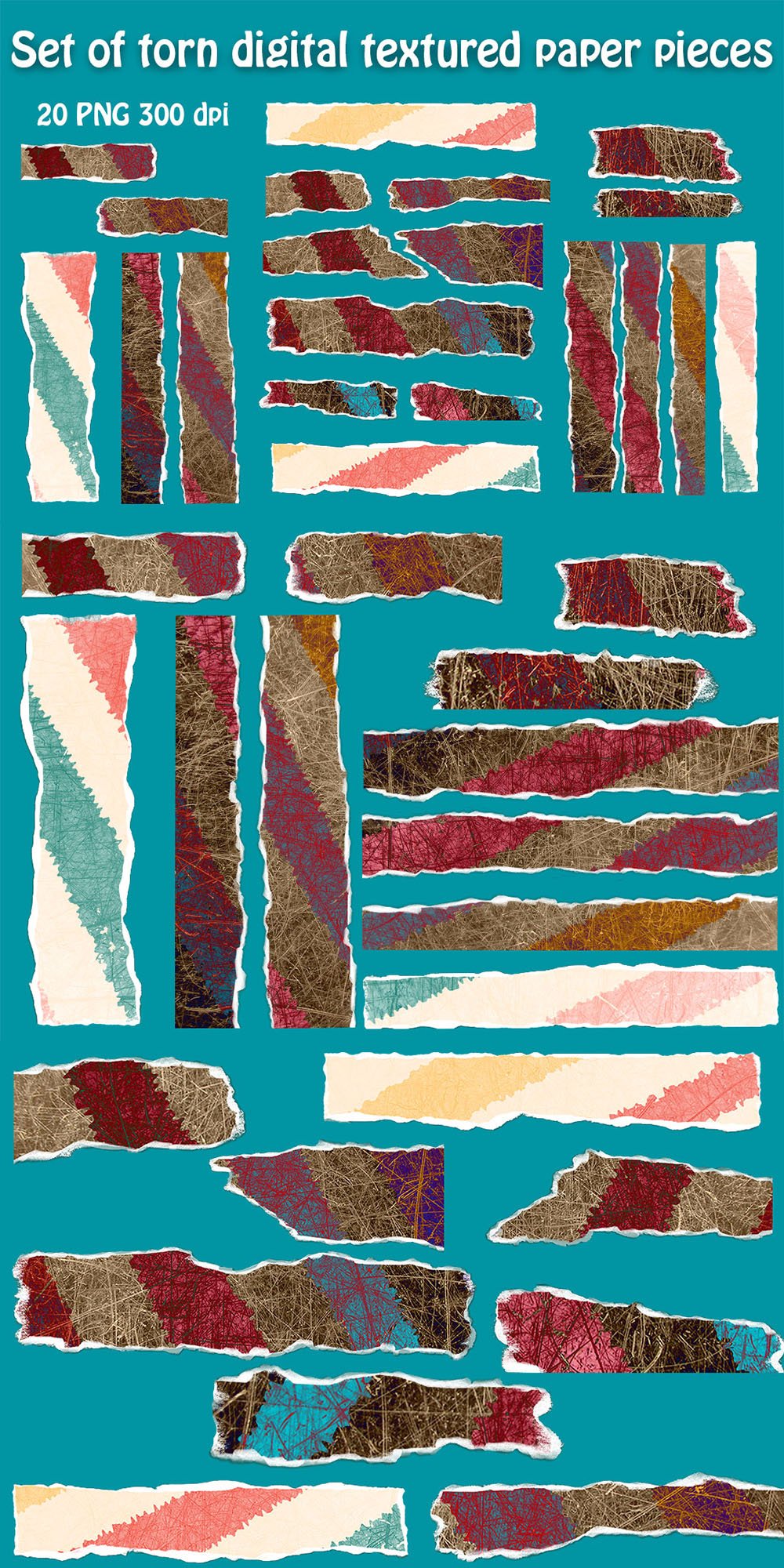Set of pieces of torn digital paper