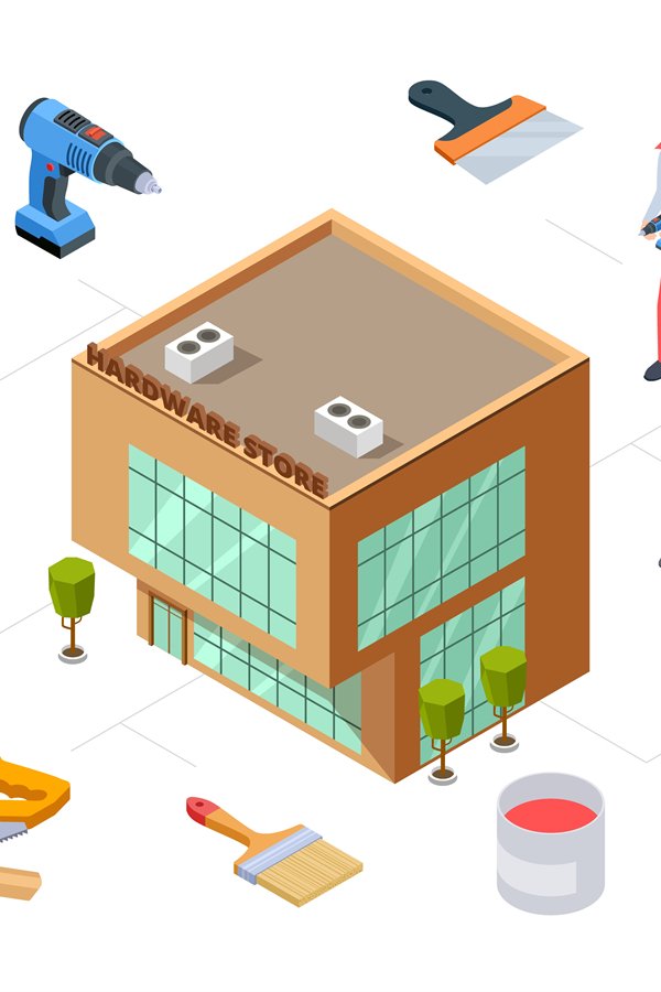 Hardware store concept. Construction supplies isometric coll