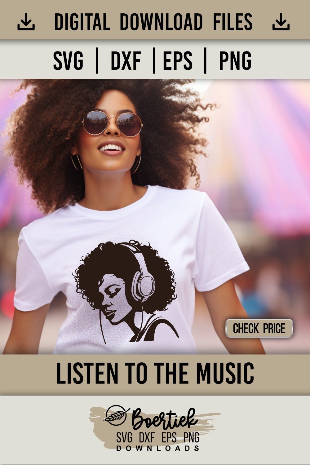Young woman listens to music, SVG file