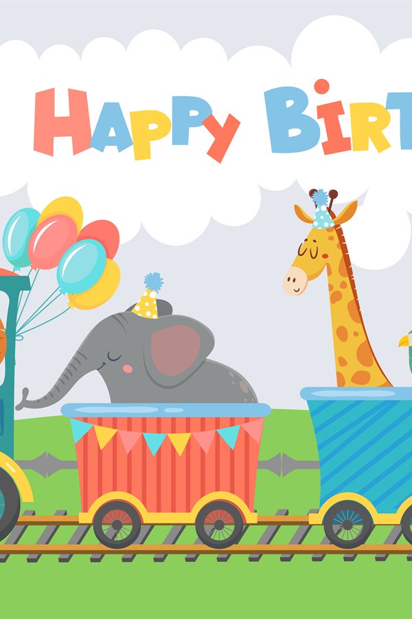 Animals on train greeting card. Happy birthday cute animal i