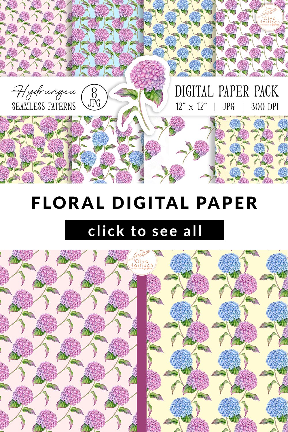 Hydrangea Digital Paper. Watercolor Flower Seamless Patterns