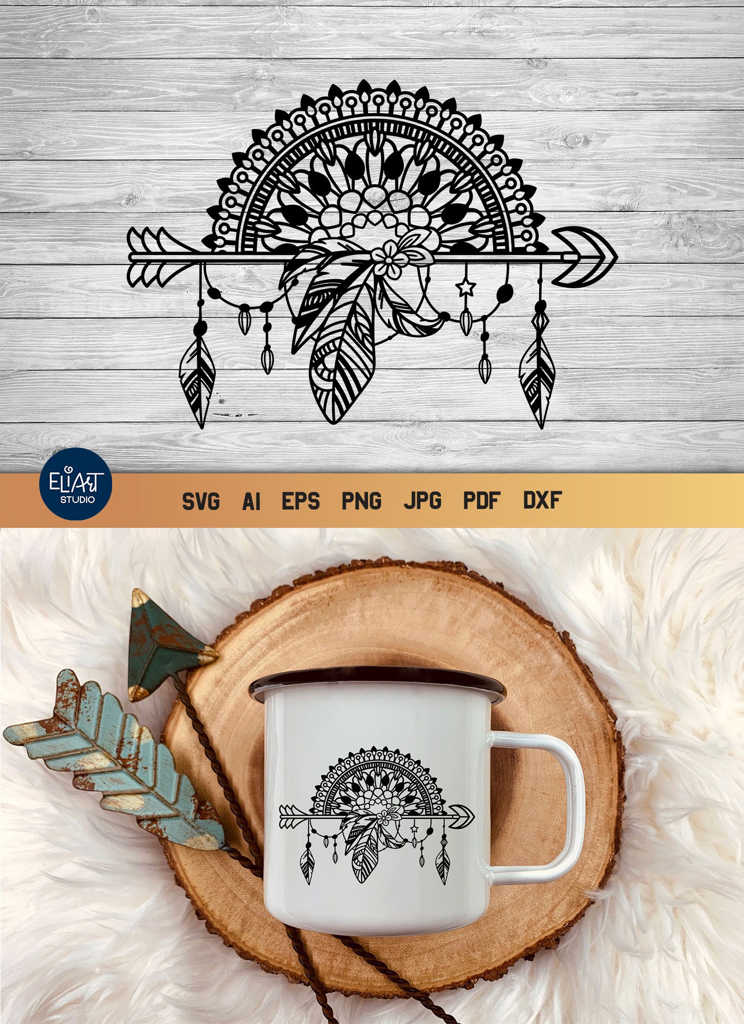 Boho Mandala SVG | Boho SVG Arrow | Tribal SVG with Feathers