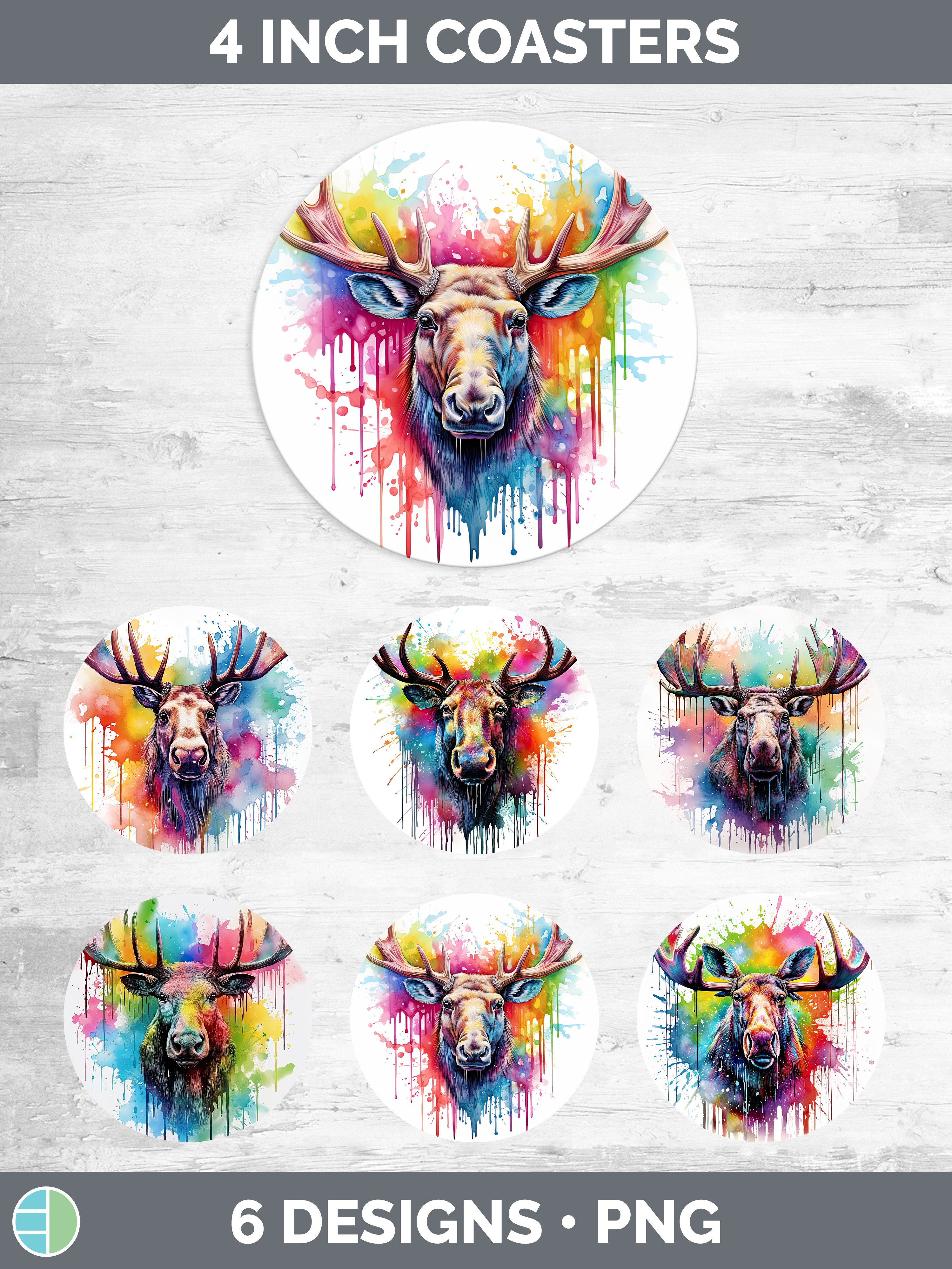 Splat Rainbow Moose Round Coaster | Sublimation Coaster Desi