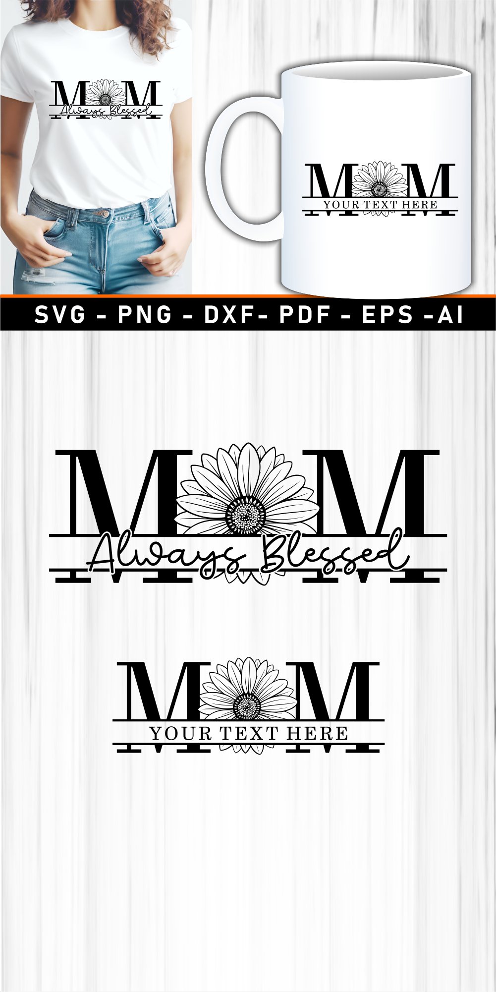 Mom Split Monogram With Daisy Flower SVG, Mothers Day Sign