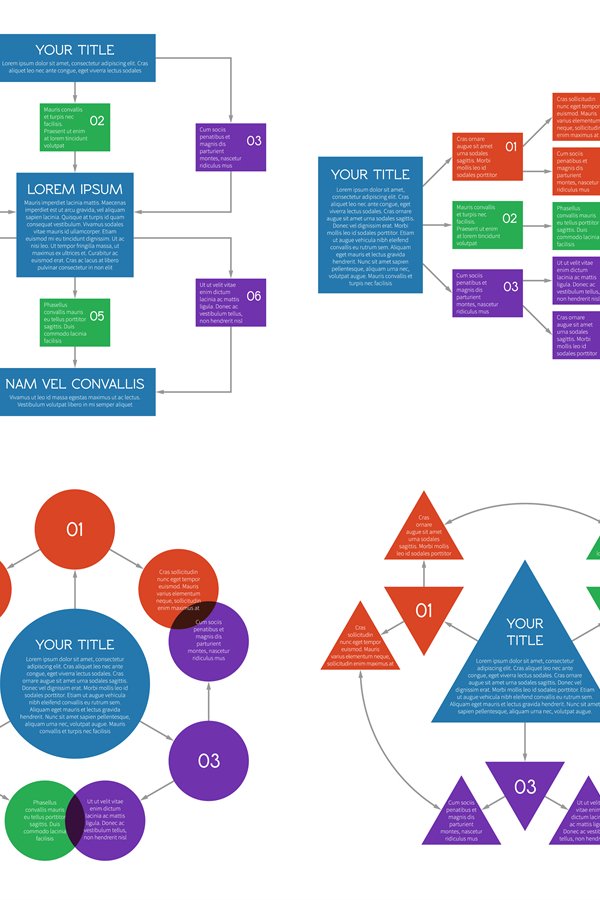 Structured flowing charts, flowchart diagrams vector set