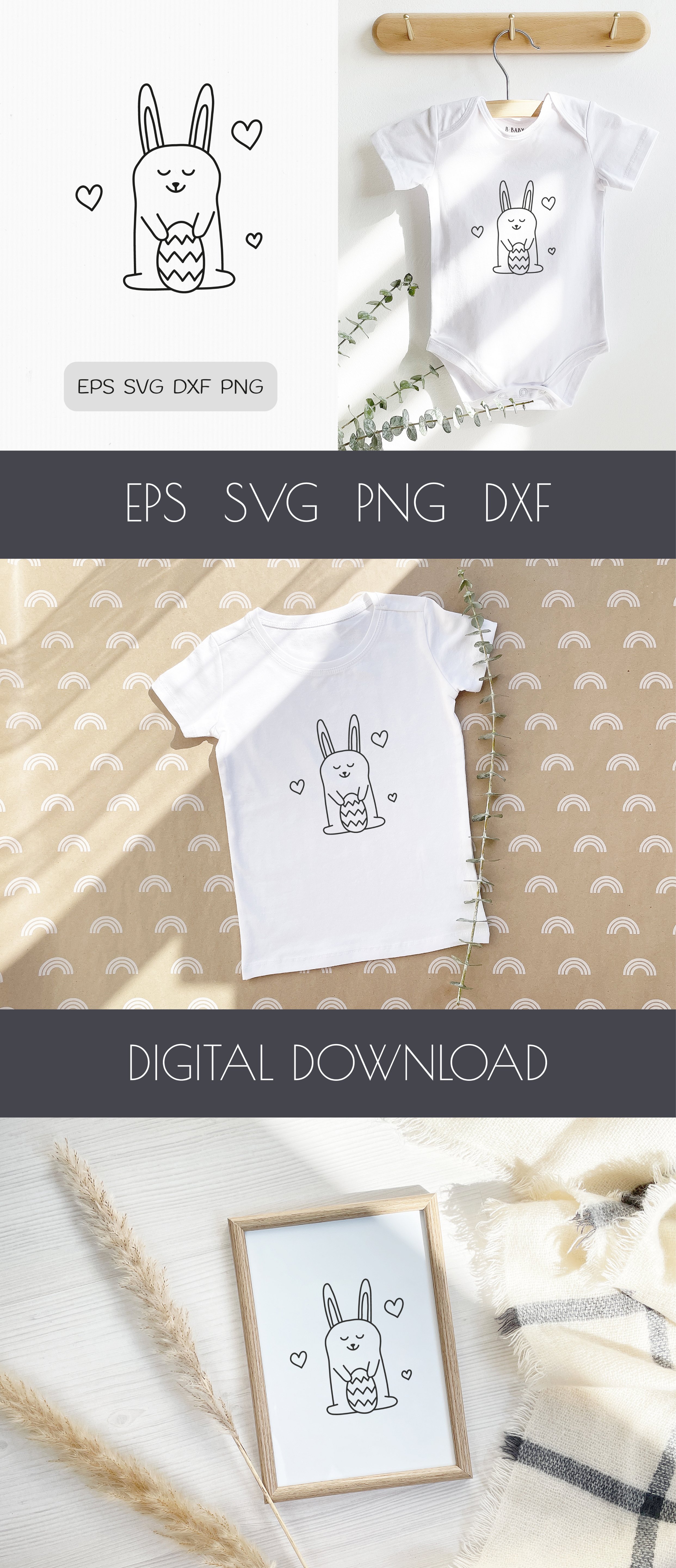 Cute doodle Easter bunny with egg and hearts - svg file.