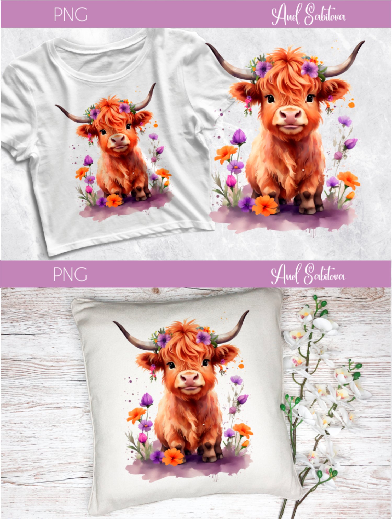 Watercolor Highland cow, Sublimation design (3251698)