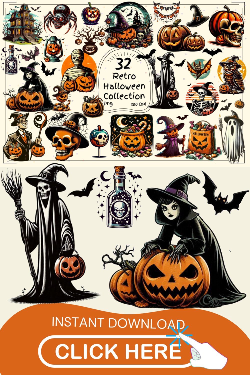 32 Retro Halloween Clipart Collection - Spooky & Fun Designs