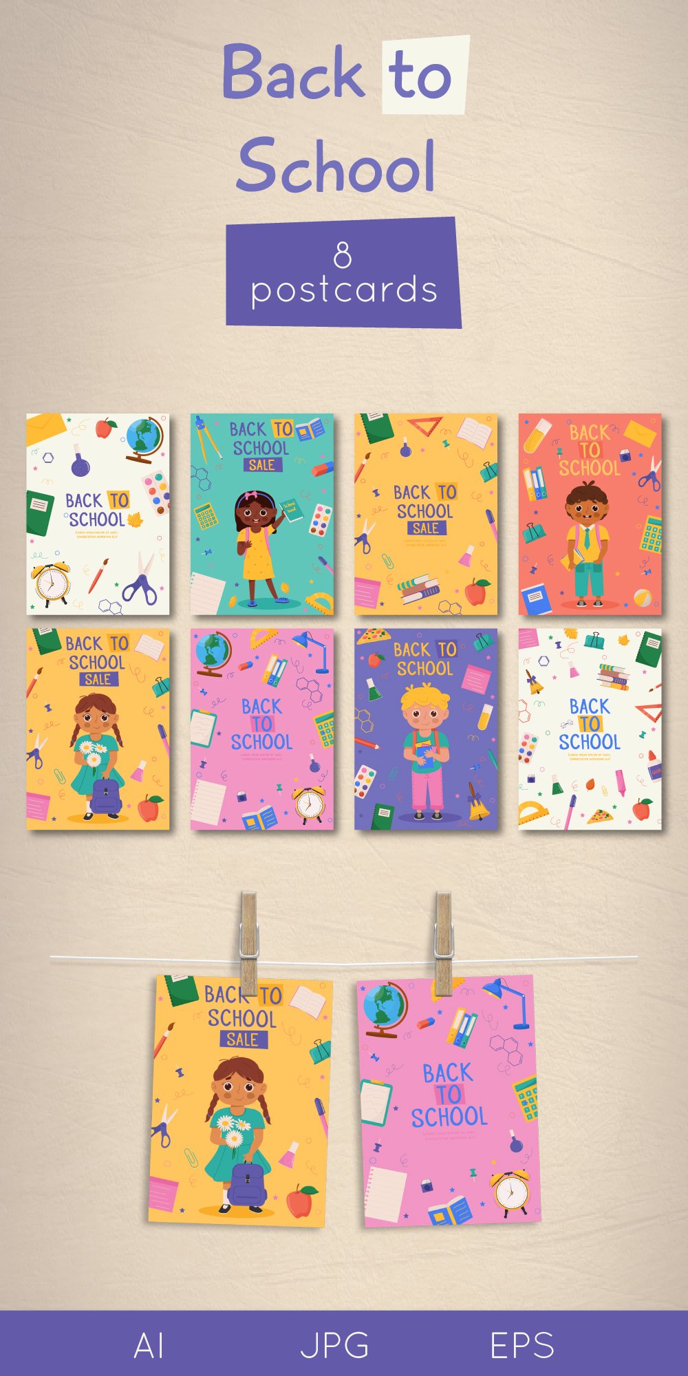 8 Back to school cards. Design template