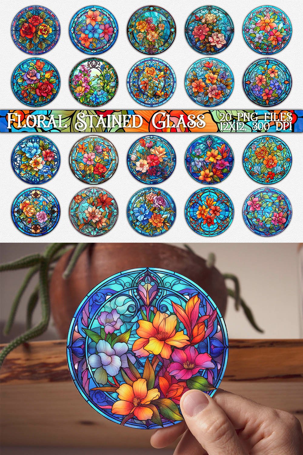 Floral Stained Glass Sublimation Design - Coaster PNG