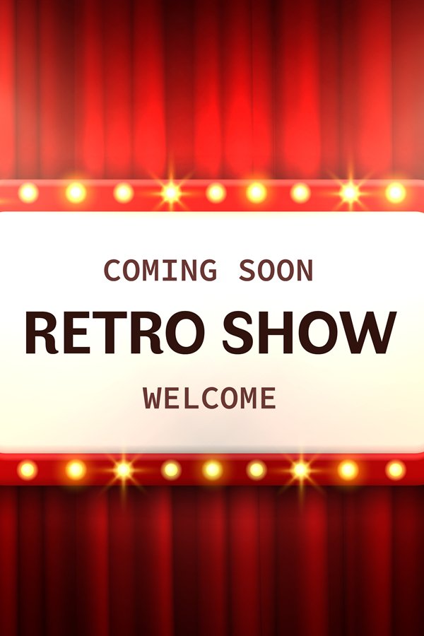 Retro frame red curtain. Cinema banner vintage theater light