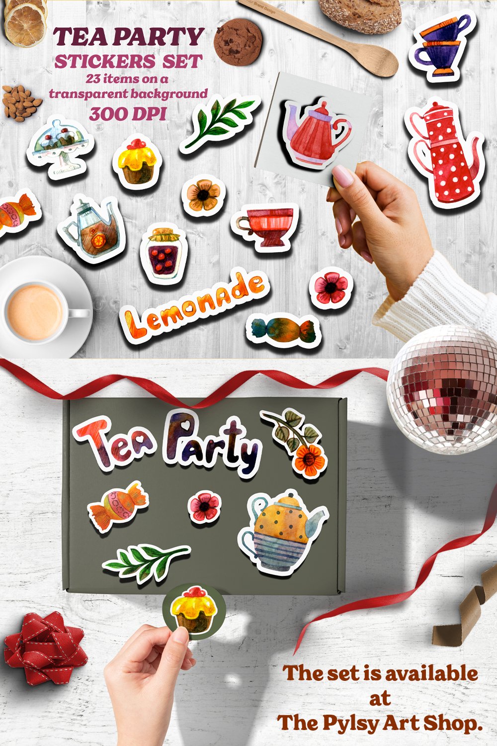 TEA PARTY. The watercolor cartoon-style SET with STICKERS.