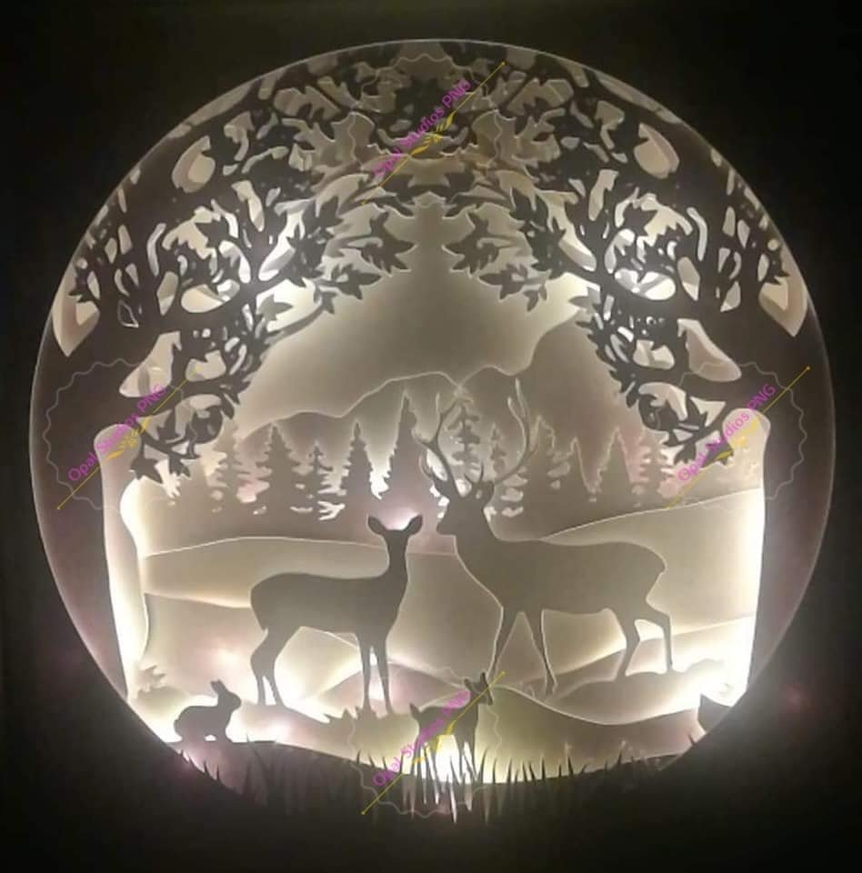 Deer stag family nature tree 3d layered shadow box light box