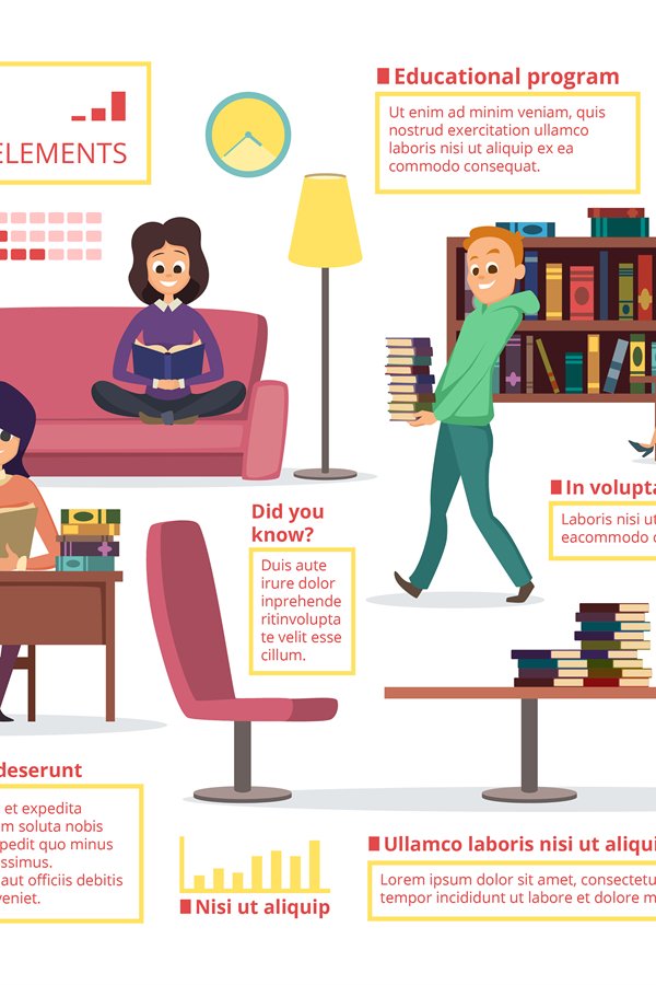 People reading books in library. Infographic design template