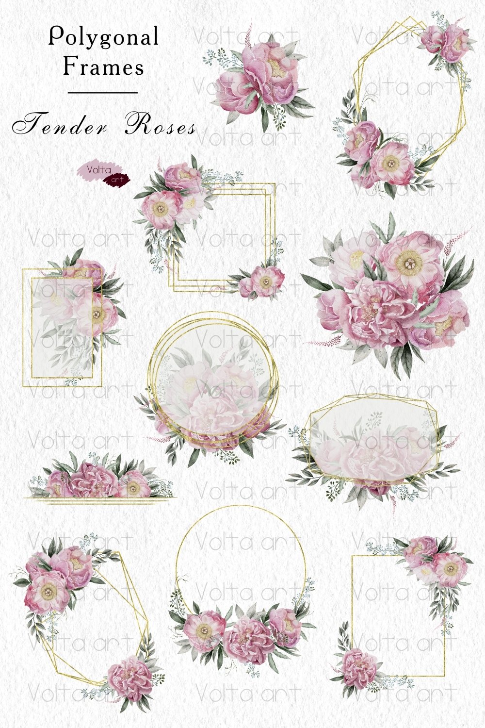 Rose Frames, Floral geometric frames, Watercolor Wedding PNG