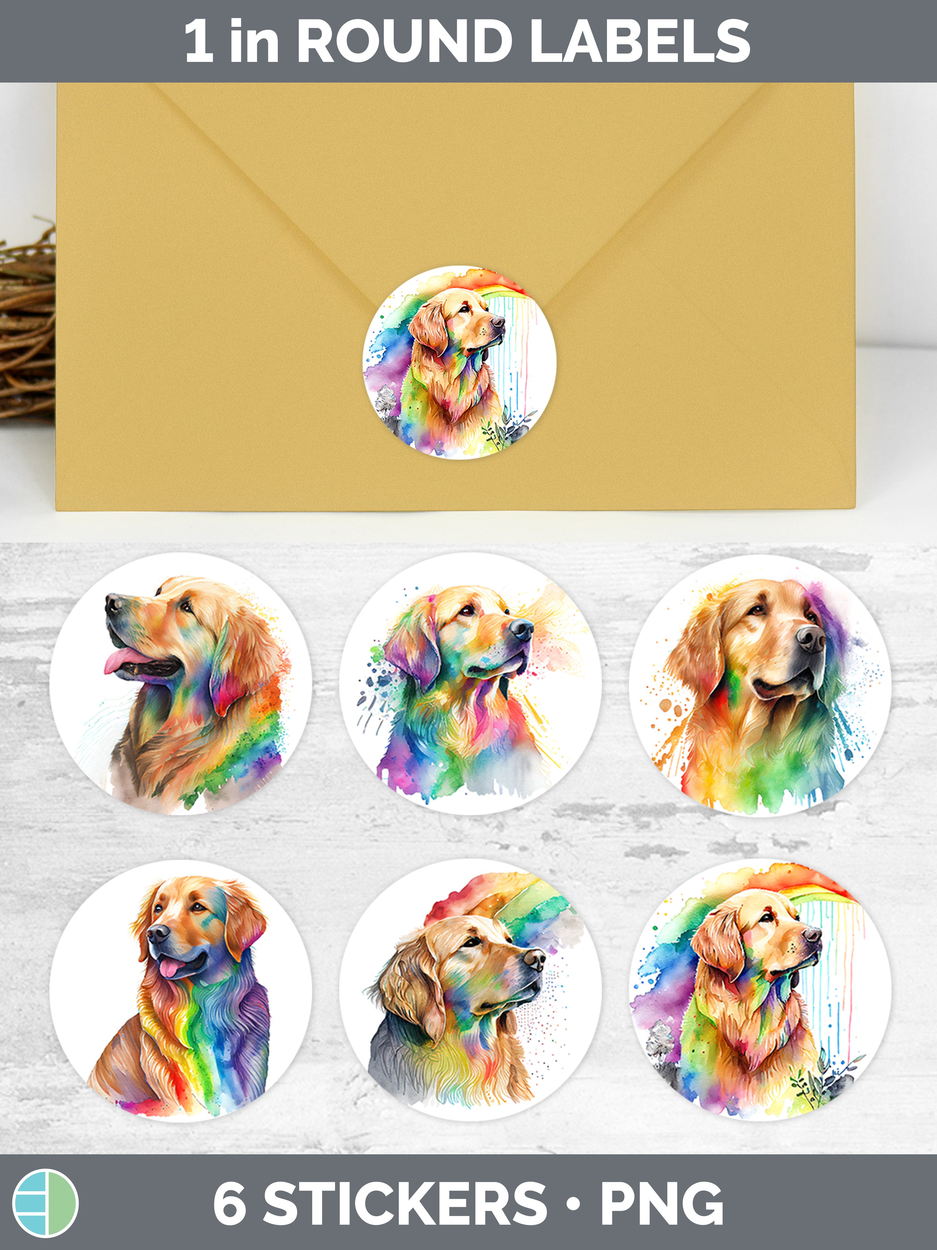 Rainbow Golden Retriever Dog Stickers | Round Labels Designs