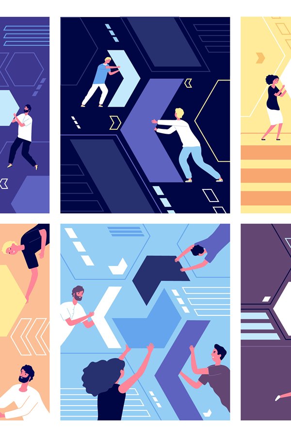 Collecting geometric shapes. People shaping puzzles. Success