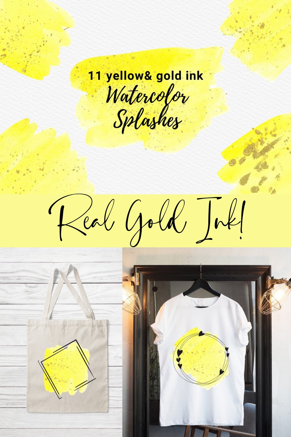 Yellow Watercolor Splashes with Gold Ink Clipart (2509150)