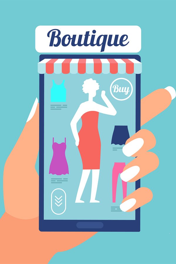 Online fashion store. Clothes shop app on mobile phone scree