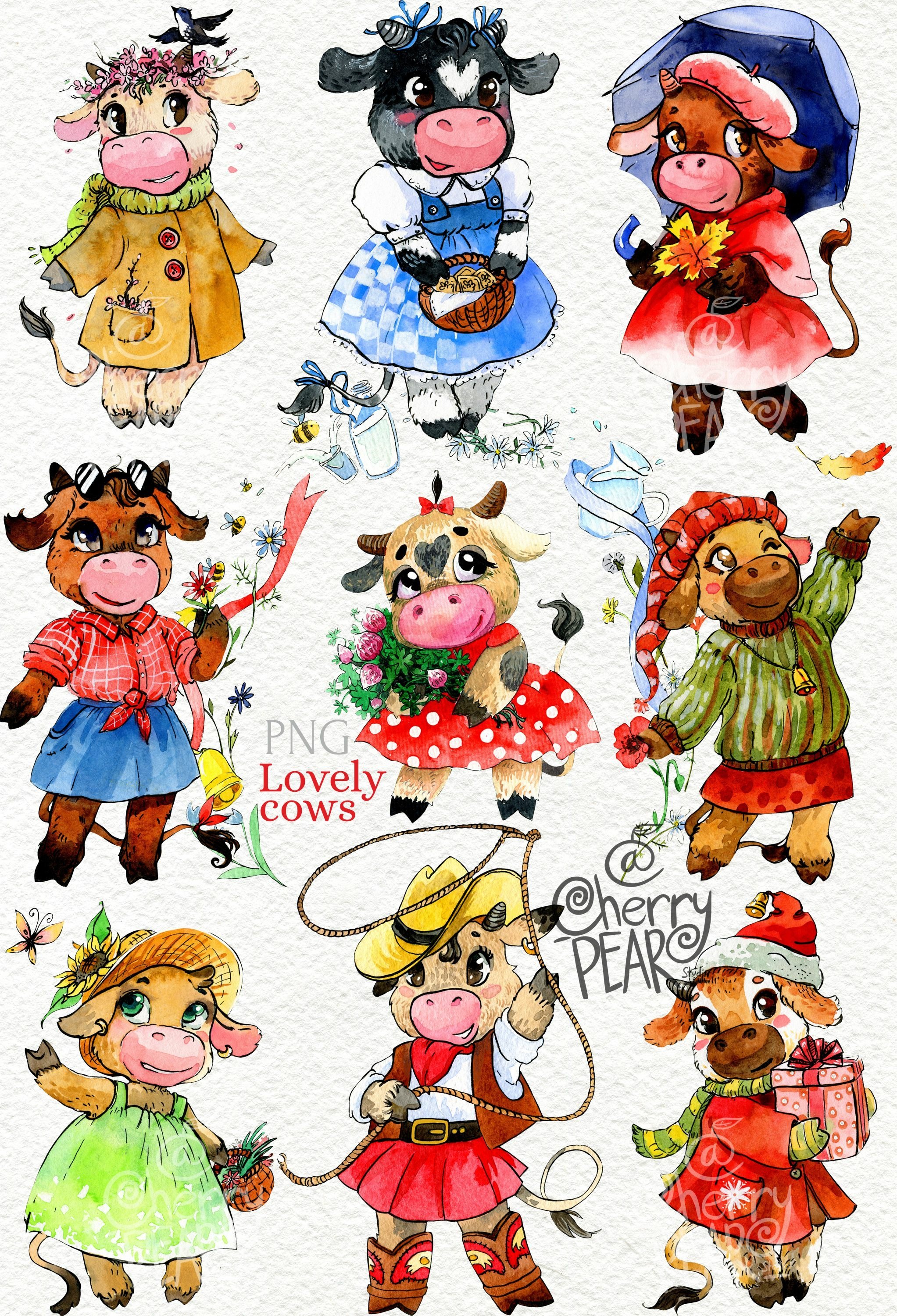 Lovely cows. Season cute cow clip art, Watercolor (1440897)
