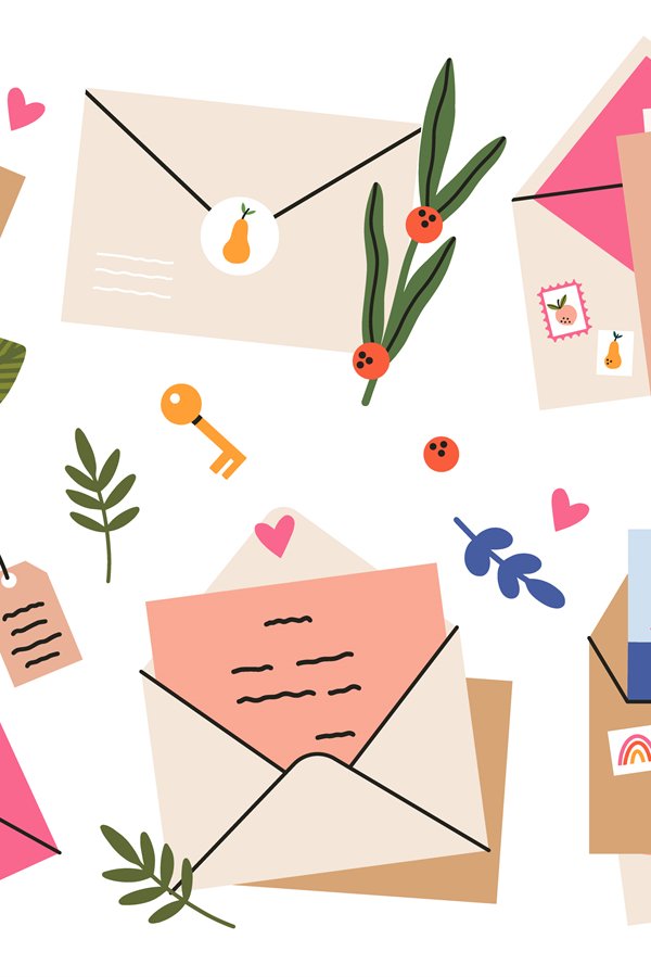 Mail envelopes. Post cards, envelopes, post stamps, craft pa