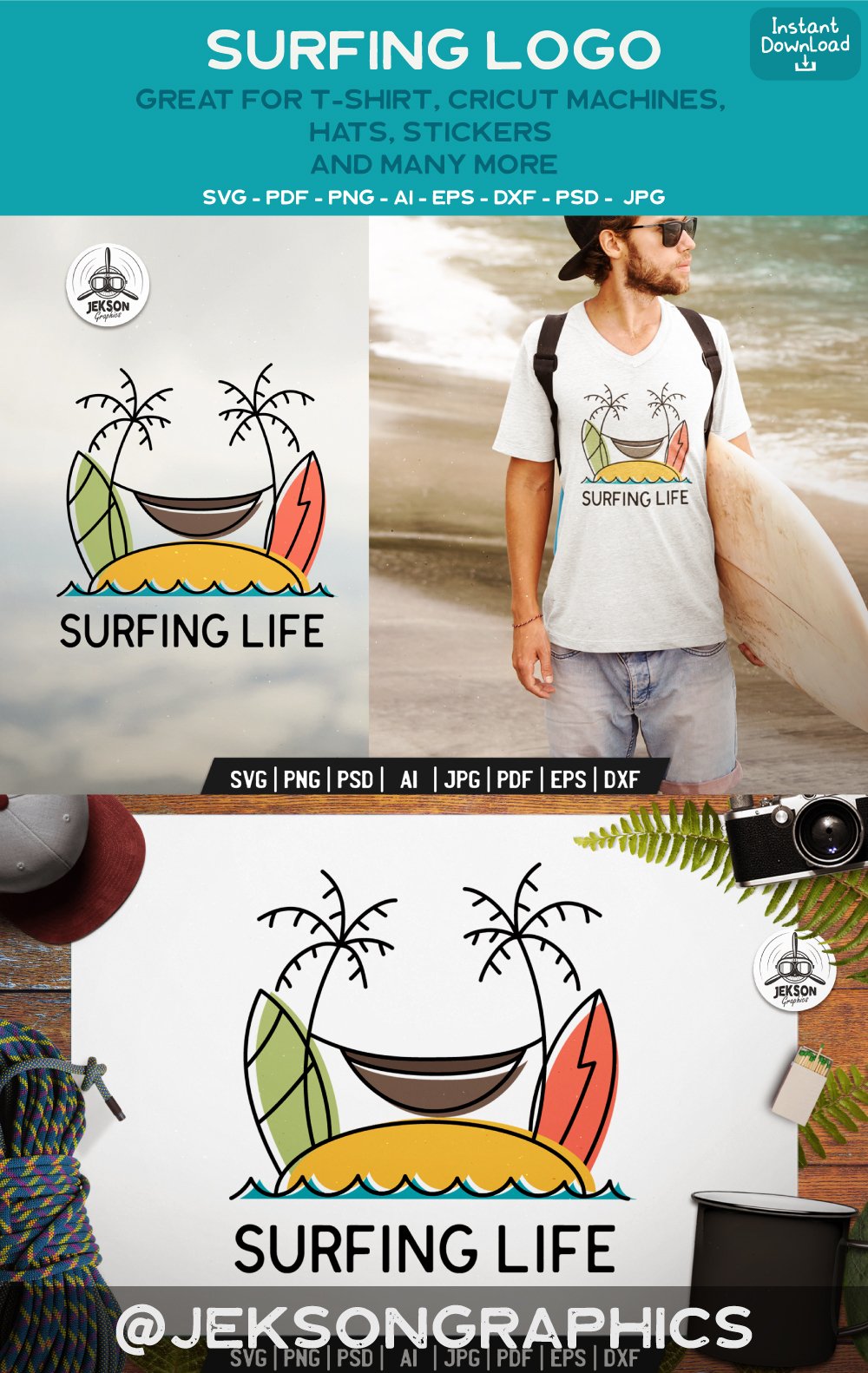 Surfing SVG Logo Template with Surfboard Surf Life Badge DXF