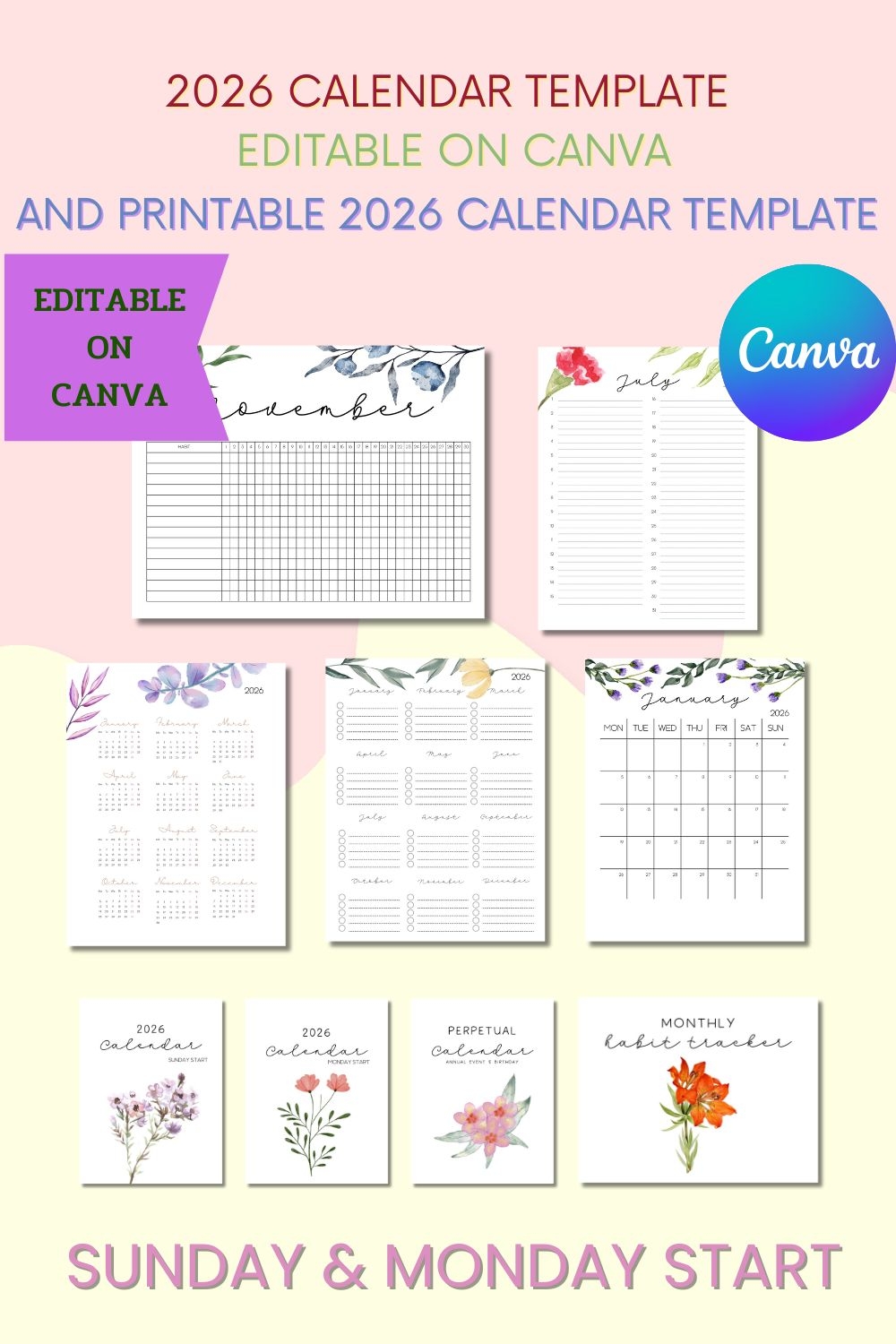 2026 Calendar Template Editable on Canva