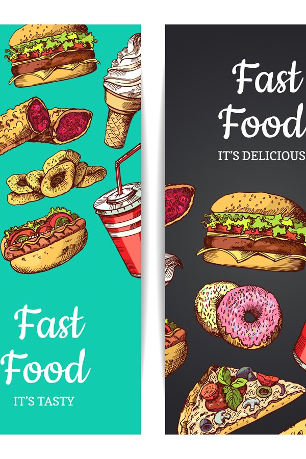 Vector vertical banners or flyers with fast food, ice cream,
