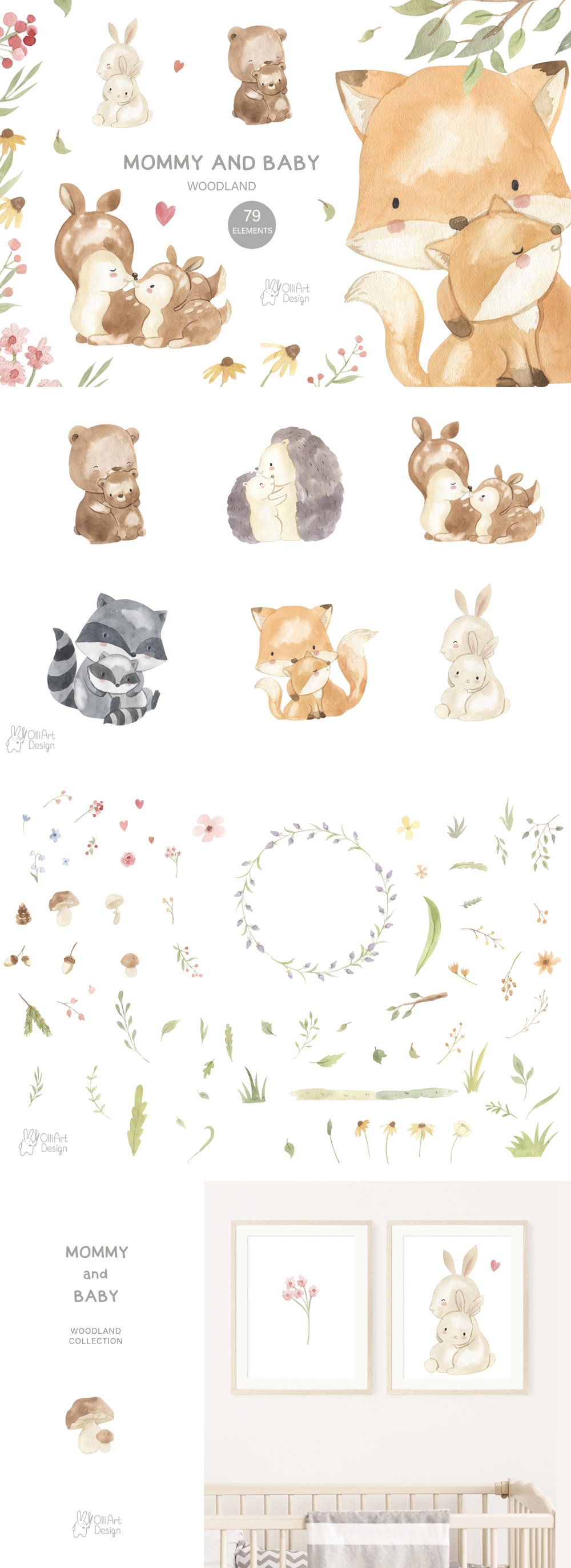 MOTHER AND BABY. Woodland animal clipart
