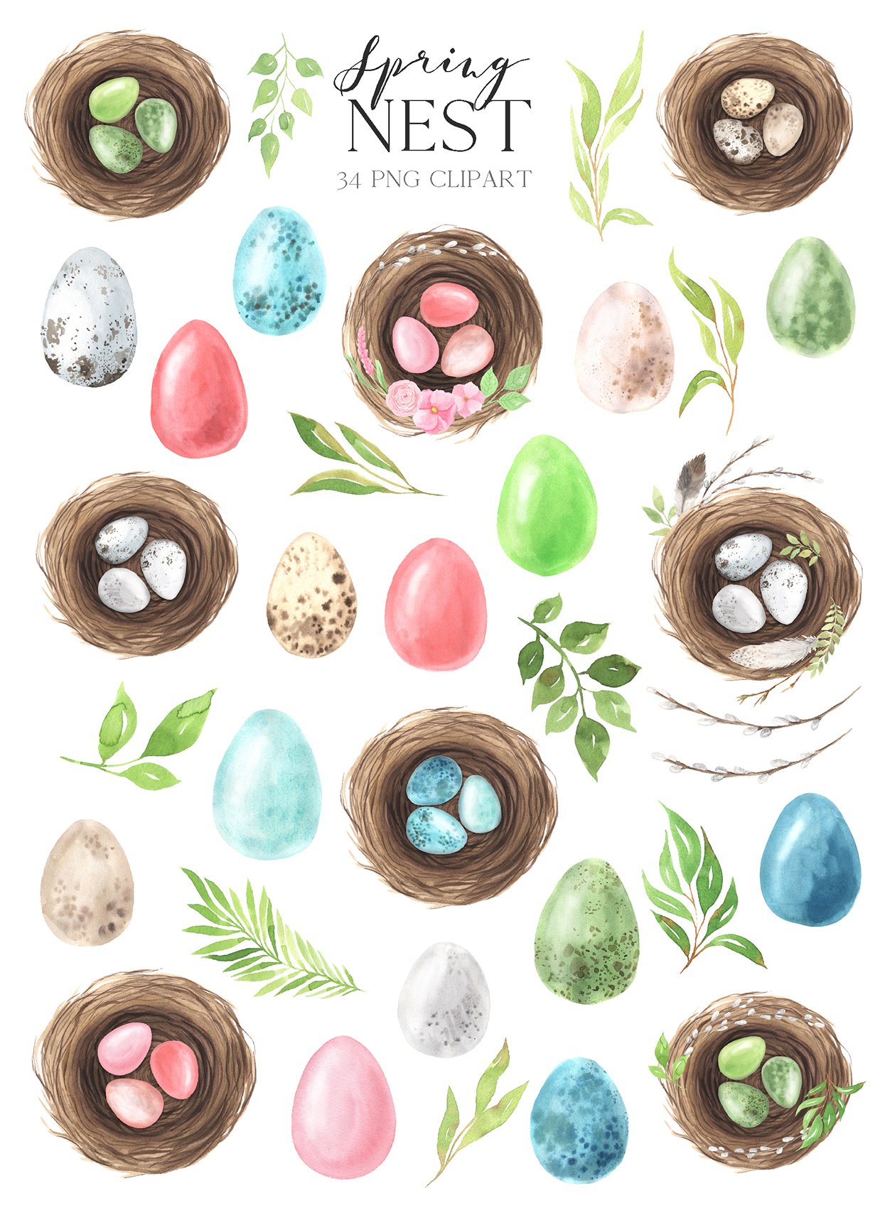 Watercolor Easter Colorful Eggs and Nests clipart
