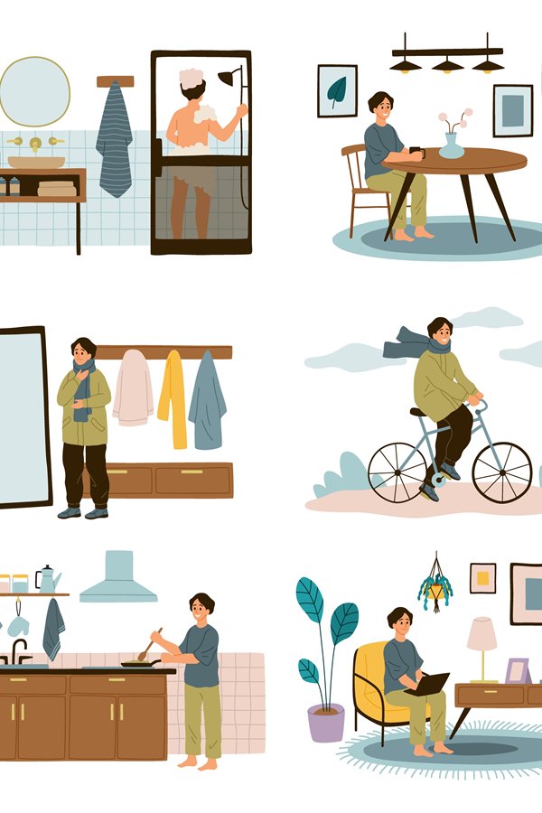 Daily man routine. Everyday young guy life activities, male