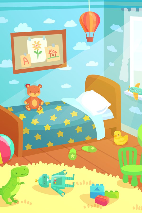 Cartoon kids bedroom interior. Home childrens room with kid