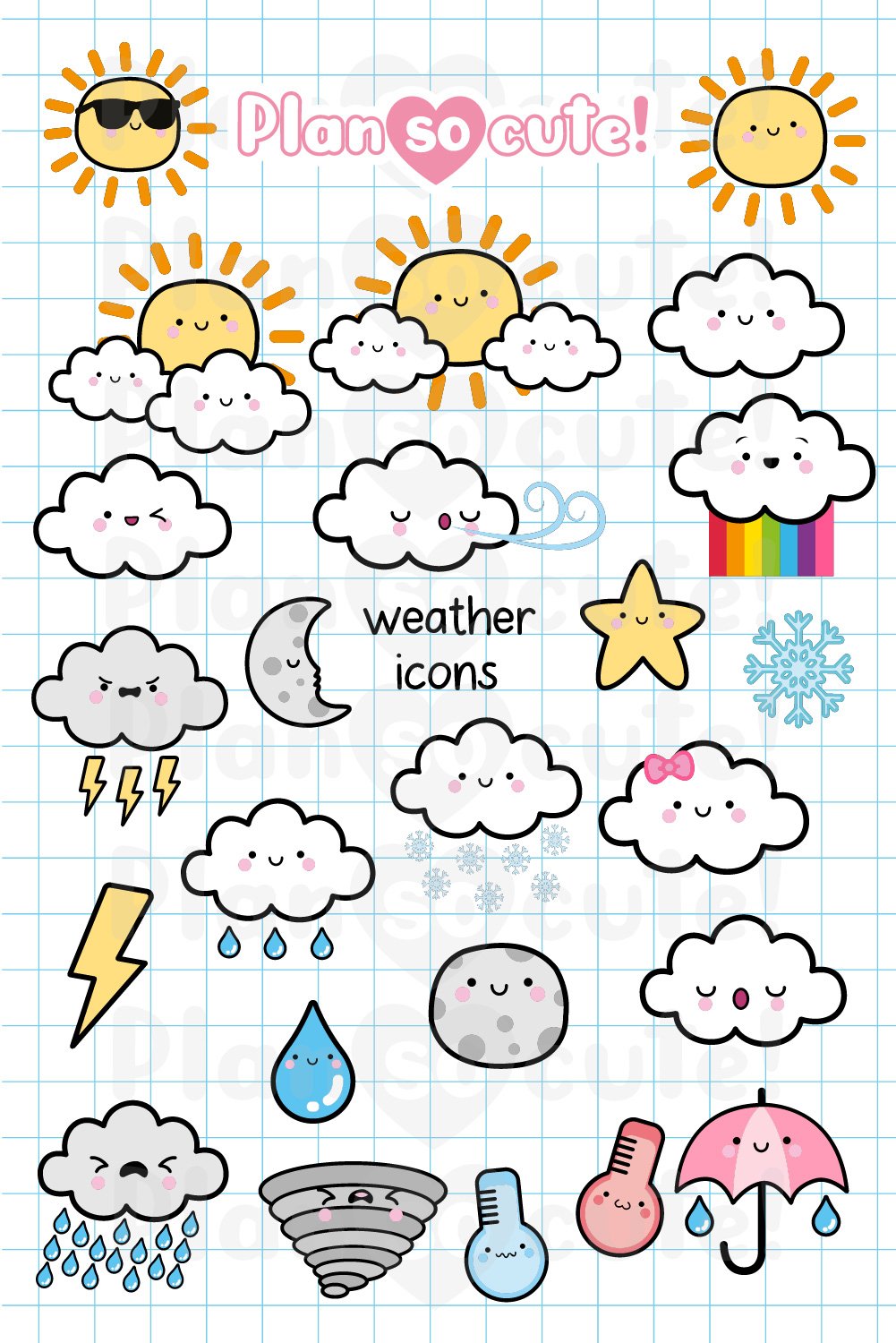 Cute Kawaii Weather Icons, Editable files, SVG, EPS, DXF, PN