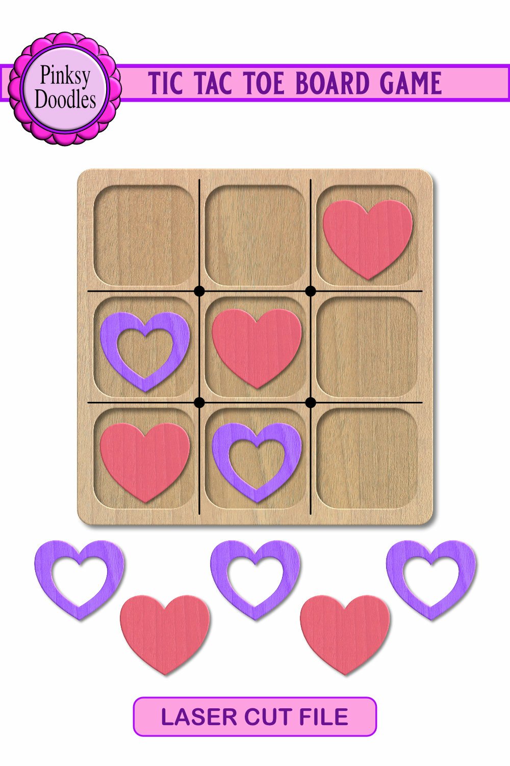 Tic Tac Toe game board with heart shape counters Laser cut