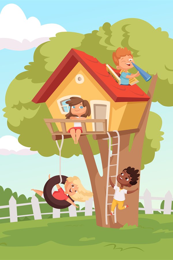 House on tree. Cute children playing in garden nature climbi